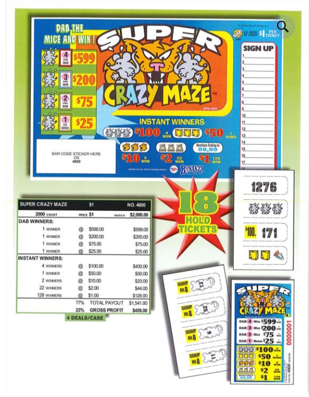 Pull Tab Tickets – Hard Cards – Game - Holder - Super Crazy Maze ...