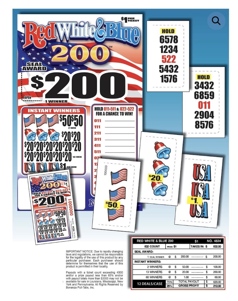 Pull Tab Tickets - Hard Card - Game - Holder - Red White and Blue - 832 ...