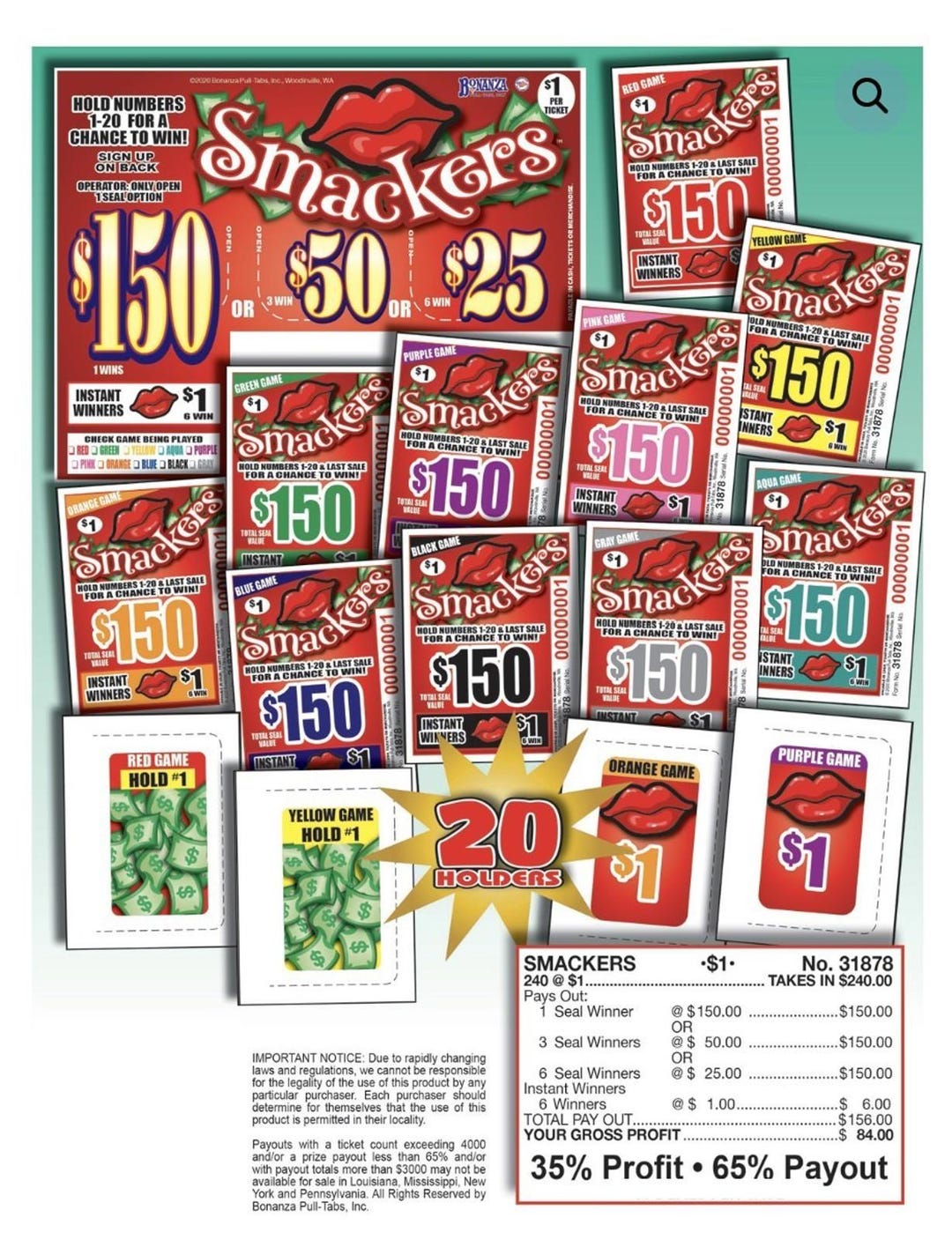Pull Tab Tickets - Hard Card - Game - Smackers - 240 Ct - Etsy