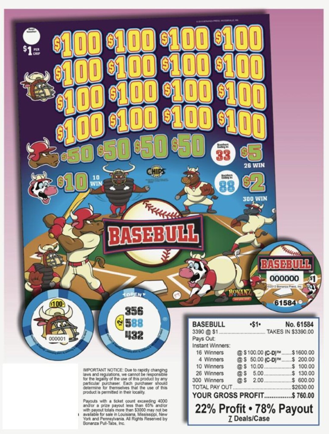Pull Tab Tickets - Chips - Game - Basebull 100 - 3,390 Ct - Etsy