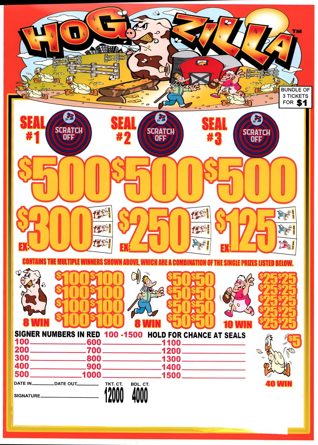 Hogzilla - 3 Seal - Jar Ticket - Pull Tab Ticket - Ticket for Amusement ...