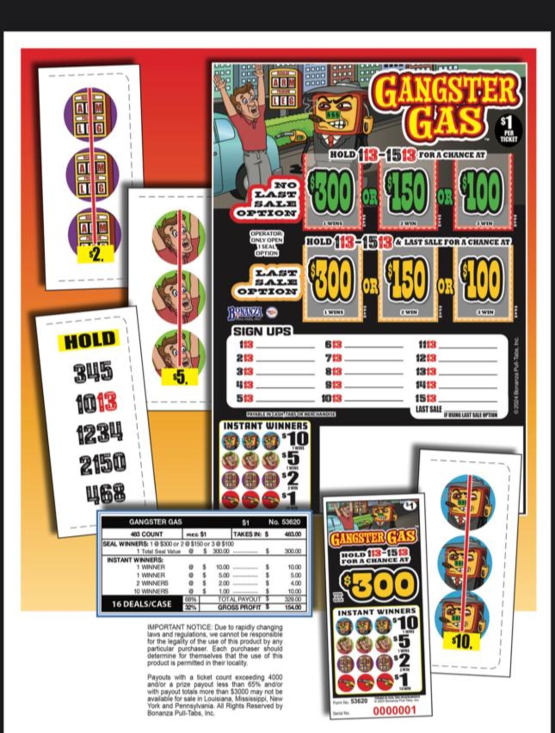 Pull Tab Tickets – Hard Cards – Game - Gangster Gas - 483 Ct - Etsy
