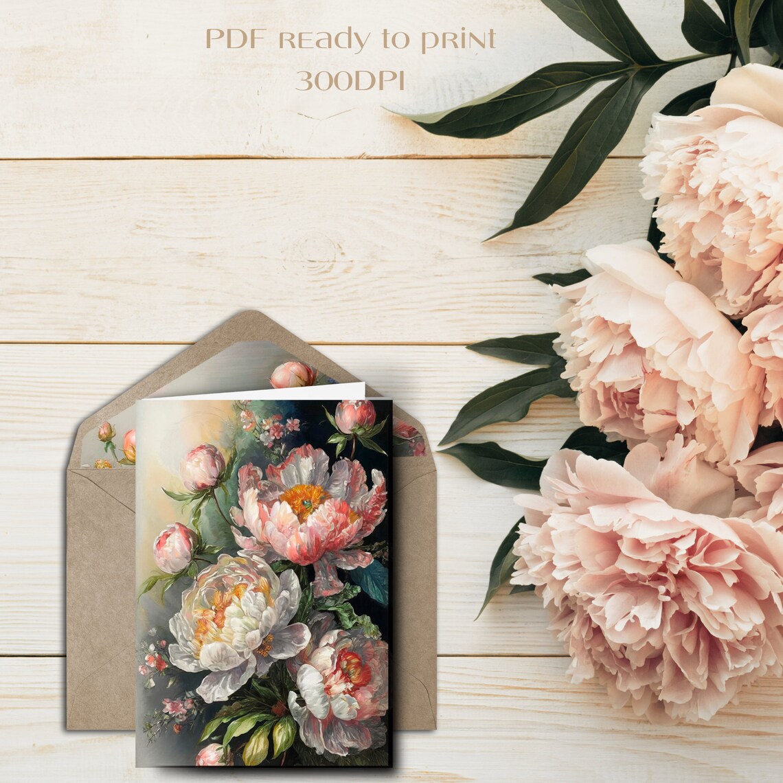 Greeting Card Peonies :instant Download Printable Card Floral Design ...