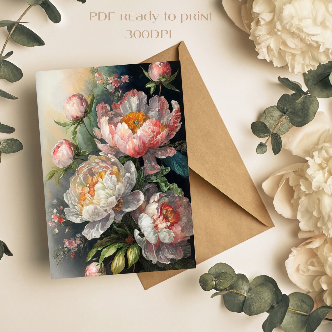 Greeting Card Peonies :instant Download Printable Card Floral Design ...