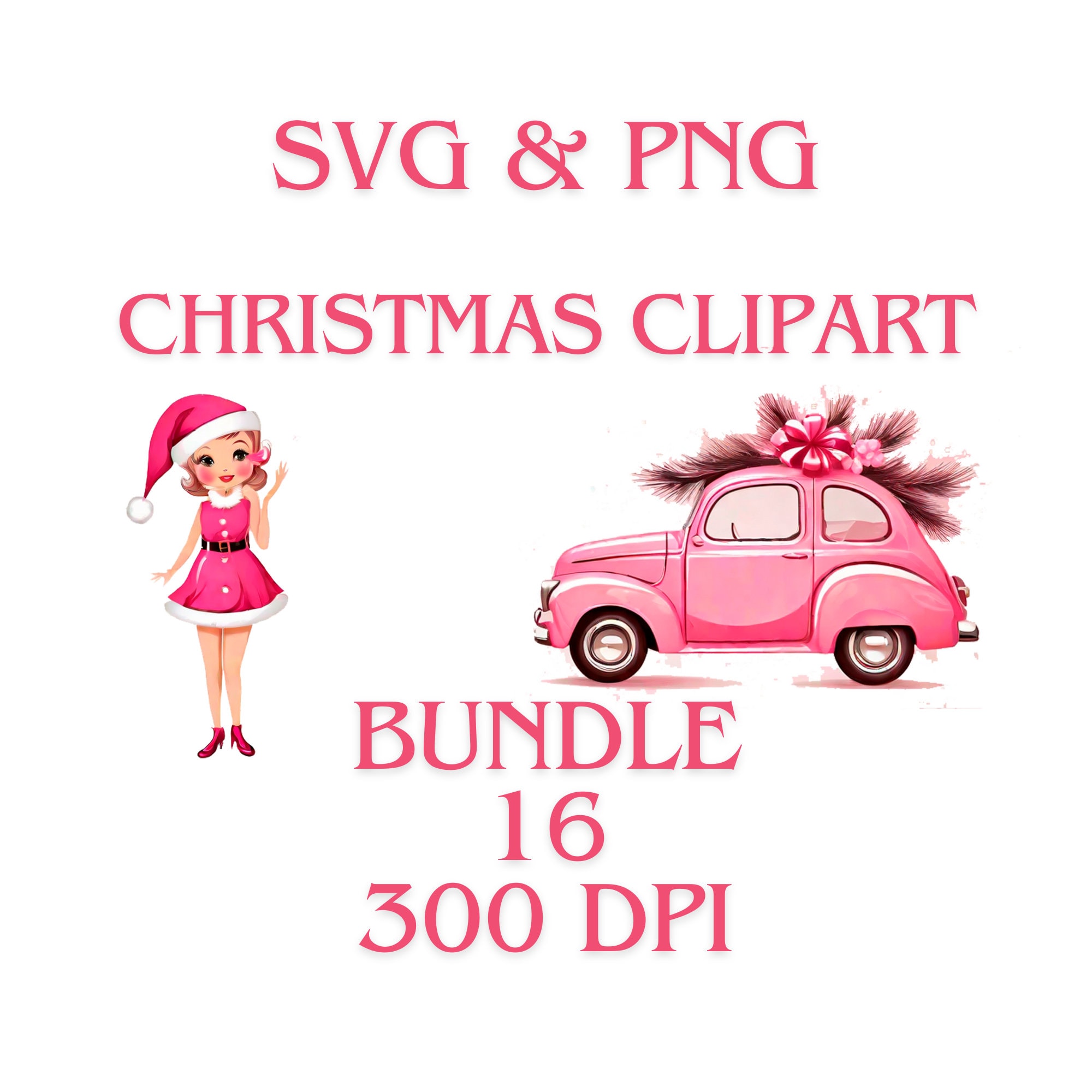 Pink Retro Christmas Clip Art SVG PNG, Christmas Watercolor Clip Art ...