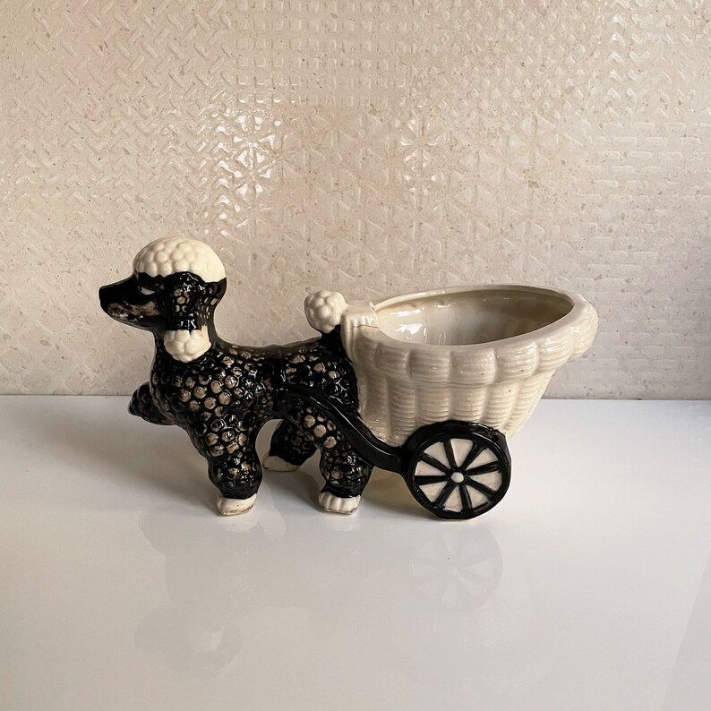 Vintage Shafford Pottery Planter Poodle Pulling a Cart Black and White ...