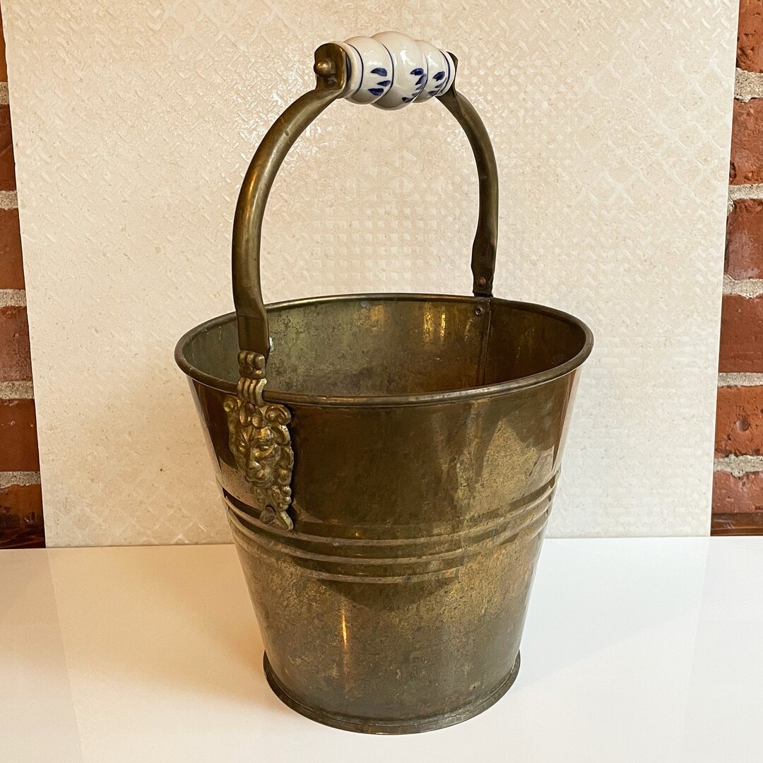 Vintage Brass Lion Head Planter With Ceramic Handle, Ash Bucket With ...
