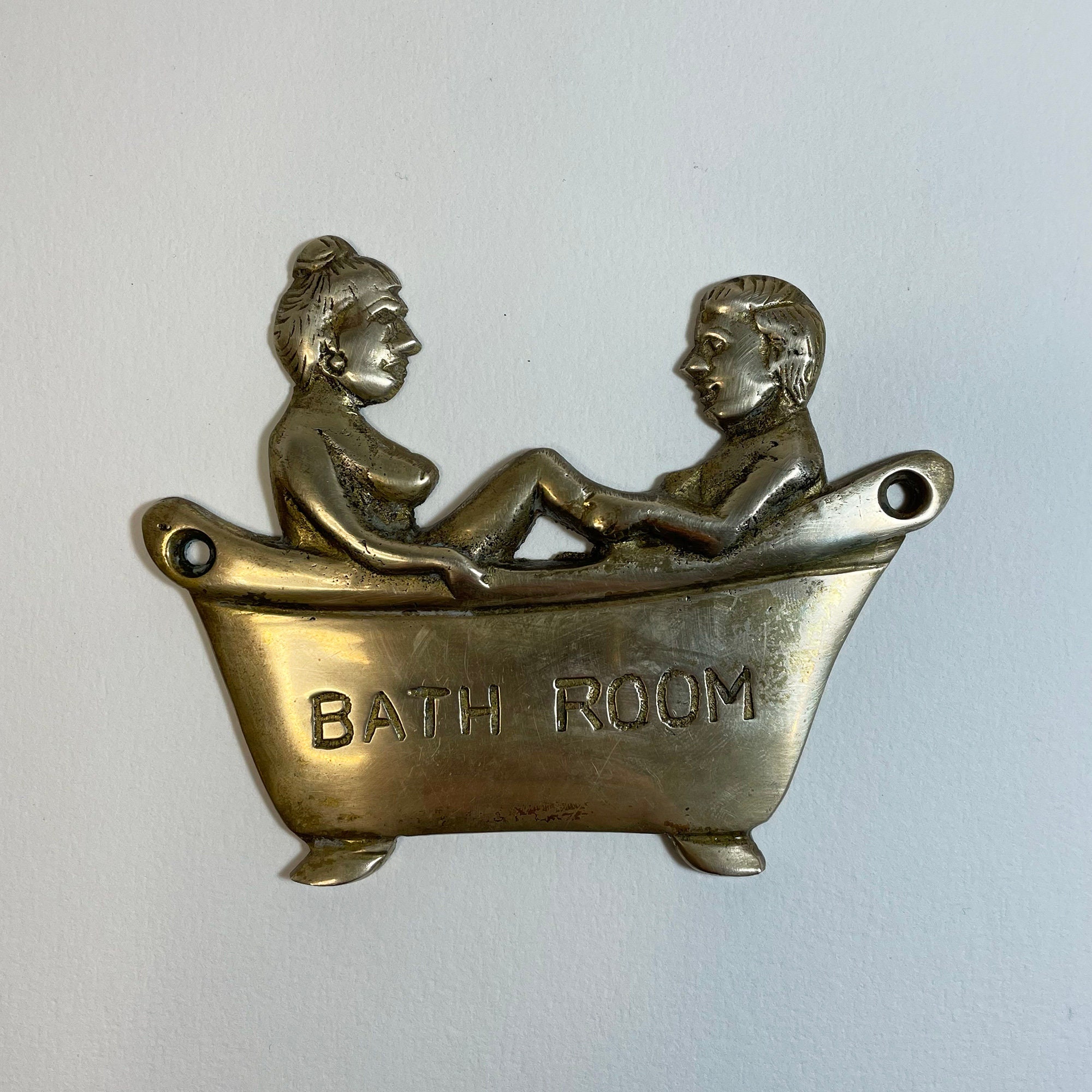Vintage 1960s Brass Bathroom Sign With Couple in Bathtub, Wall Mounted ...