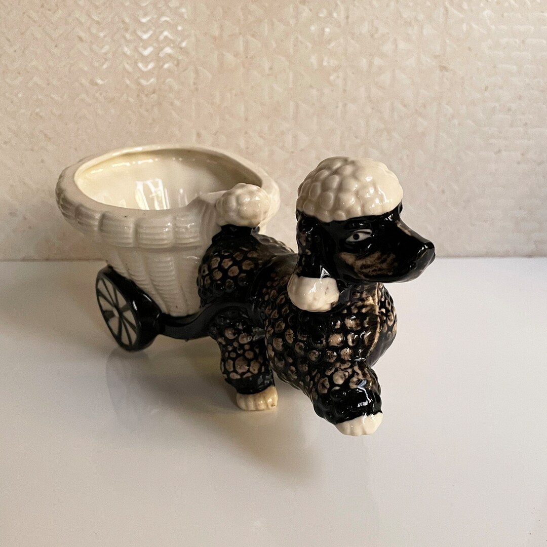 Vintage Shafford Pottery Planter Poodle Pulling a Cart Black and White ...