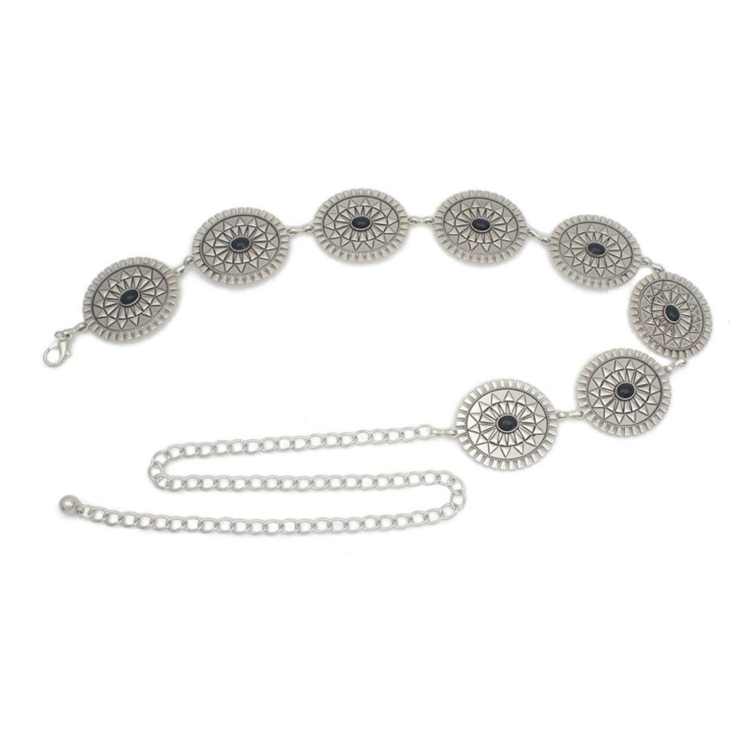 Women Western Oval Silver Belt, Concho Chain Adjustable Silver/black ...