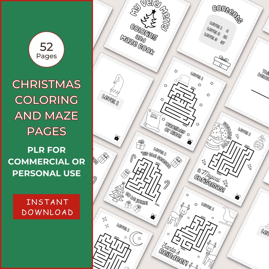 PLR Christmas Coloring and Maze Pages, Holiday Coloring Book, Christmas ...