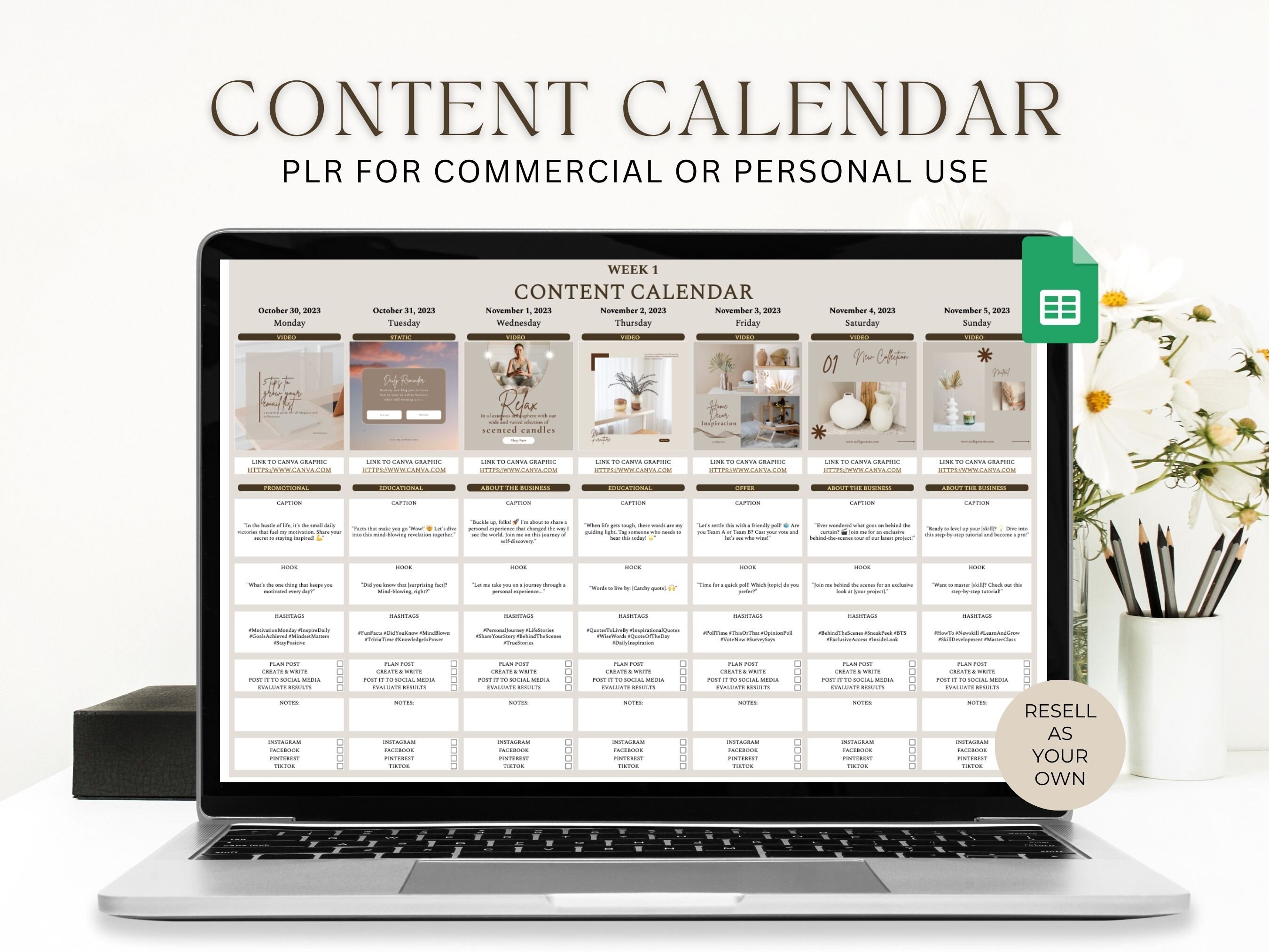PLR Social Media Content, Calendar Google Sheets, Digital Content ...