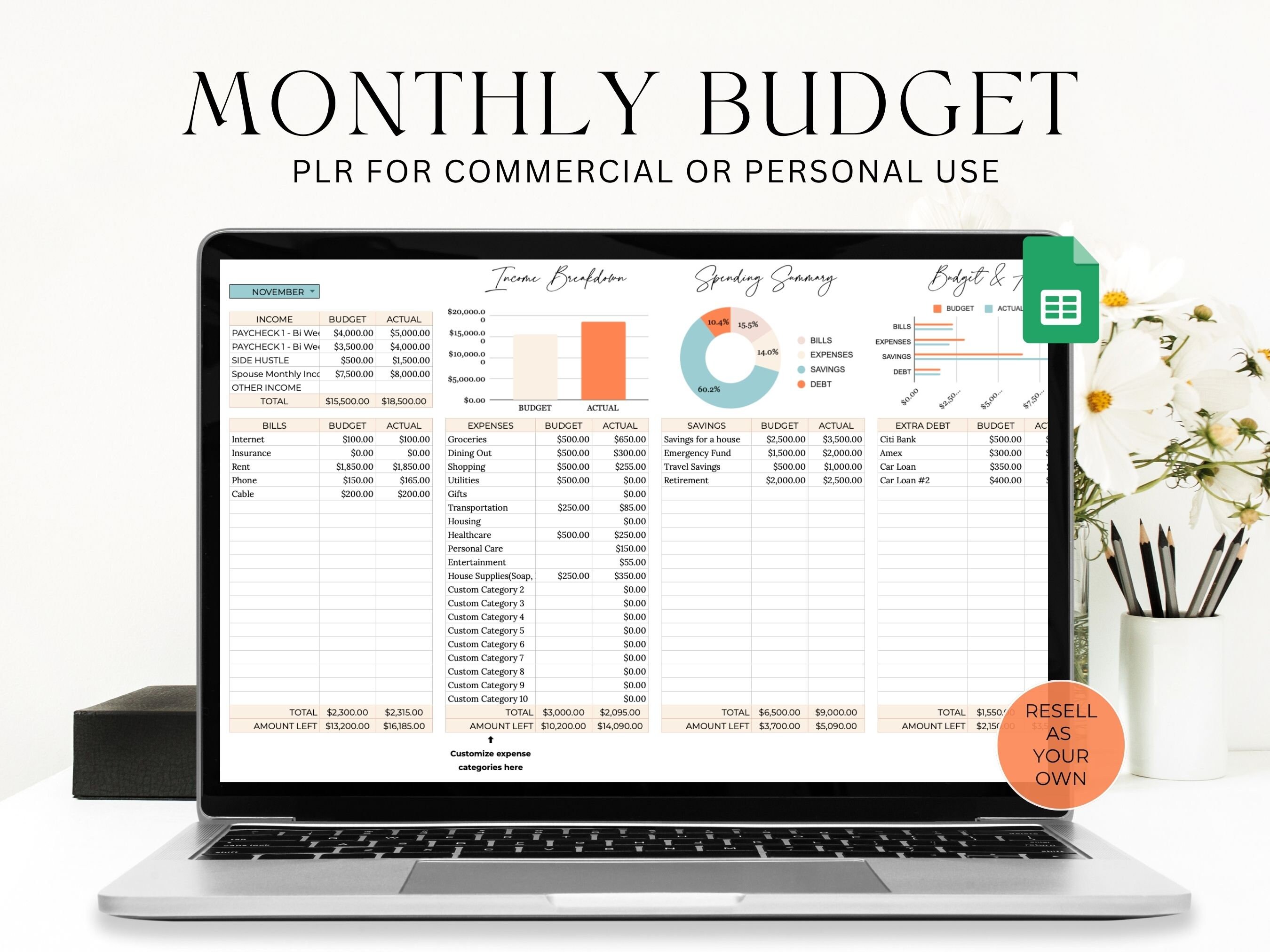 PLR Monthly Budget Spreadsheet, Monthly Budget for Google Sheets ...