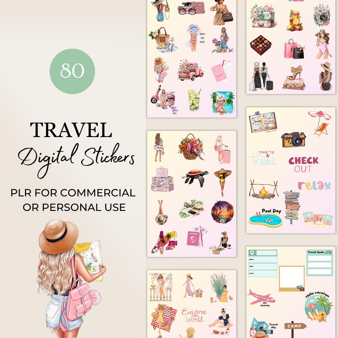 PLR 80 Travel Digital Stickers, Digital Planner Stickers, Vacation ...
