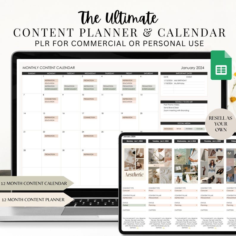 PLR Social Media Content Calendar: Google Sheets Planner (commercial ...