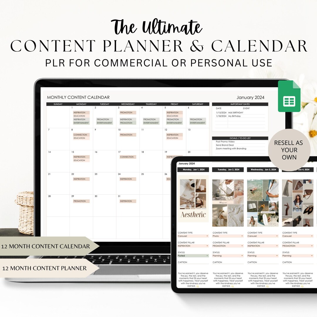PLR Social Media Content, Calendar Google Sheets, Digital Content Planner Spreadsheet, Social ...
