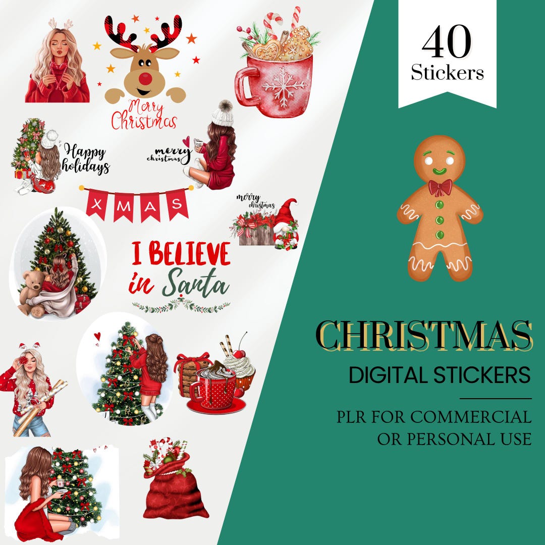 Christmas Digital Stickers: 40 PNG Planner Stickers (PLR Commercial Use ...