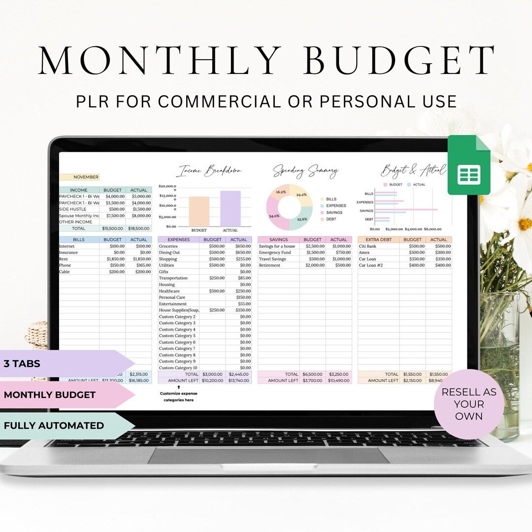 PLR Monthly Budget Spreadsheet, Monthly Budget for Google Sheets ...