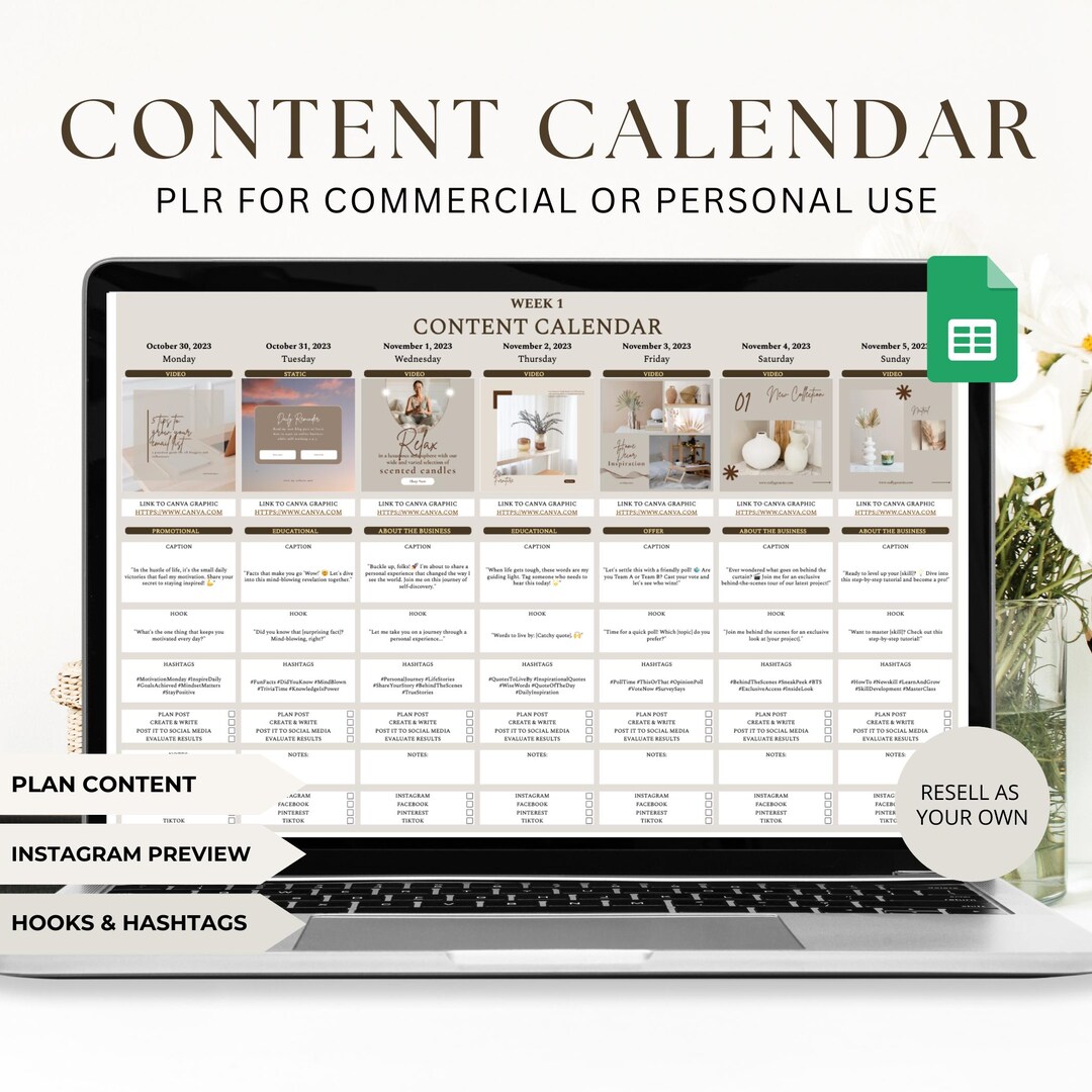 PLR Social Media Content, Calendar Google Sheets, Digital Content Planner Spreadsheet, Social ...