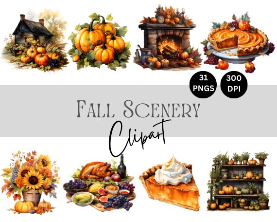 Fall Scenery Clipart Bundle PNG High Resolution Traditional Autumn ...