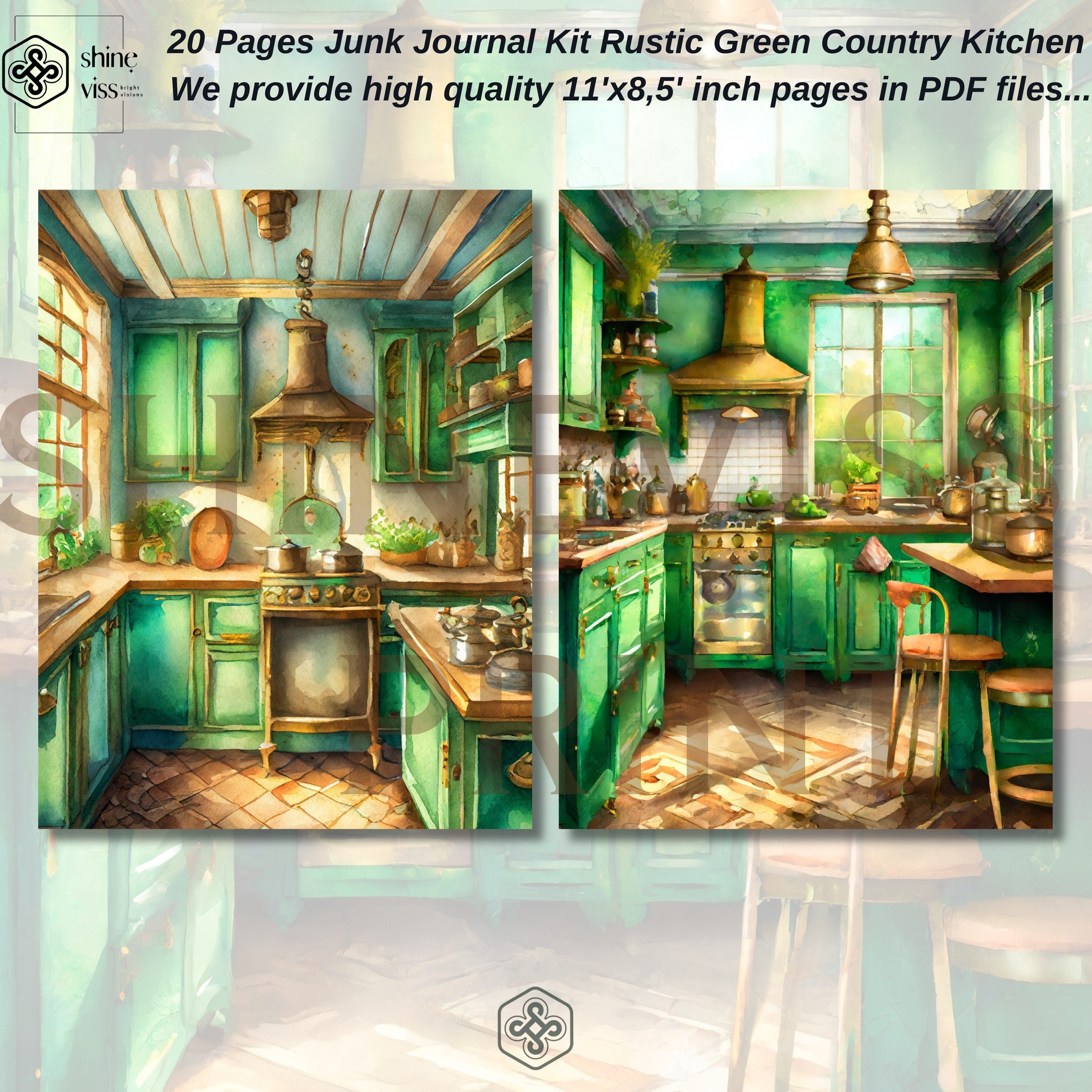 Rustic Green Kitchen Junk Journal Kit: Watercolor Farmhouse Ephemera ...