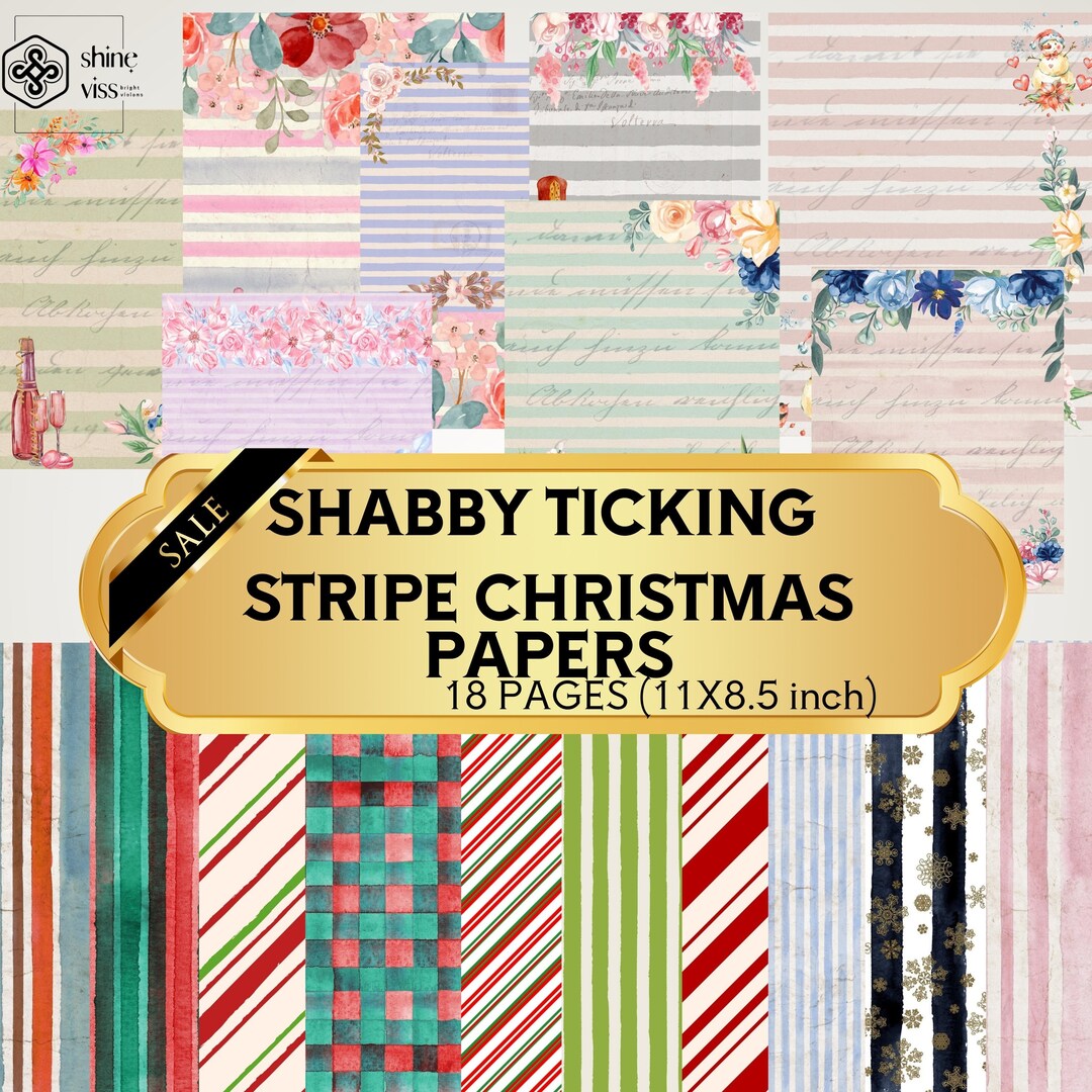 Shabby Ticking Stripe Christmas Papers, Junk Journal, Printable ...