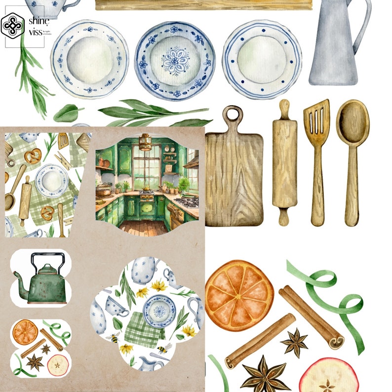 Rustic Green KITCHEN JUNK JOURNAL Kit, Watercolor Ephemera, Cover, Card ...