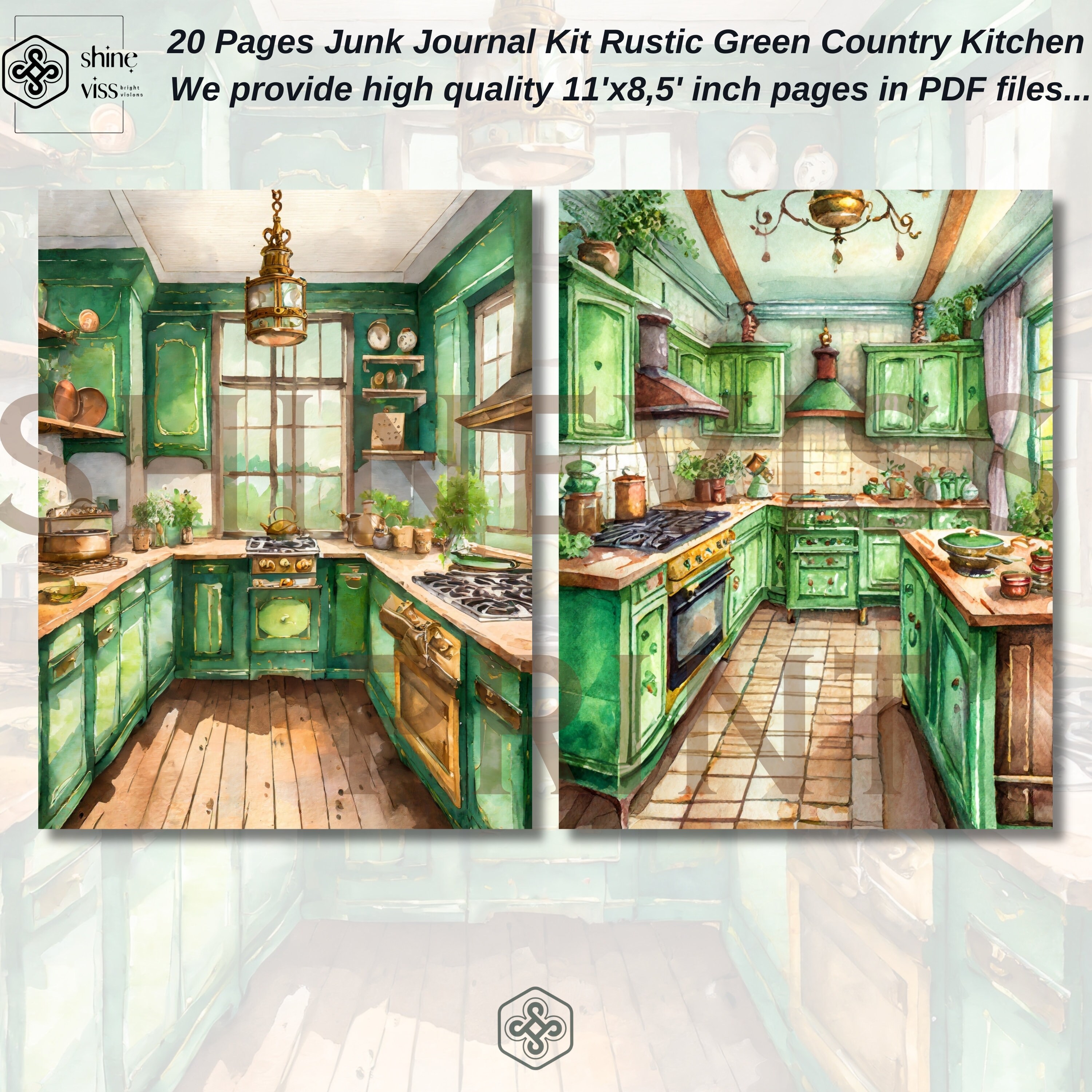 Rustic Green Kitchen Junk Journal Kit: Watercolor Farmhouse Ephemera ...