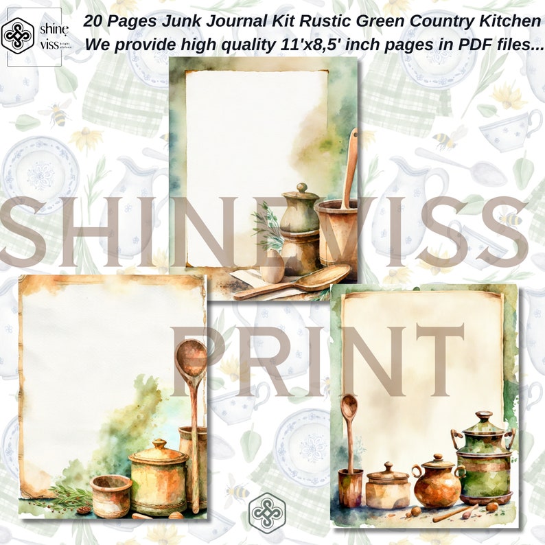 Rustic Green KITCHEN JUNK JOURNAL Kit, Watercolor Ephemera, Cover, Card ...