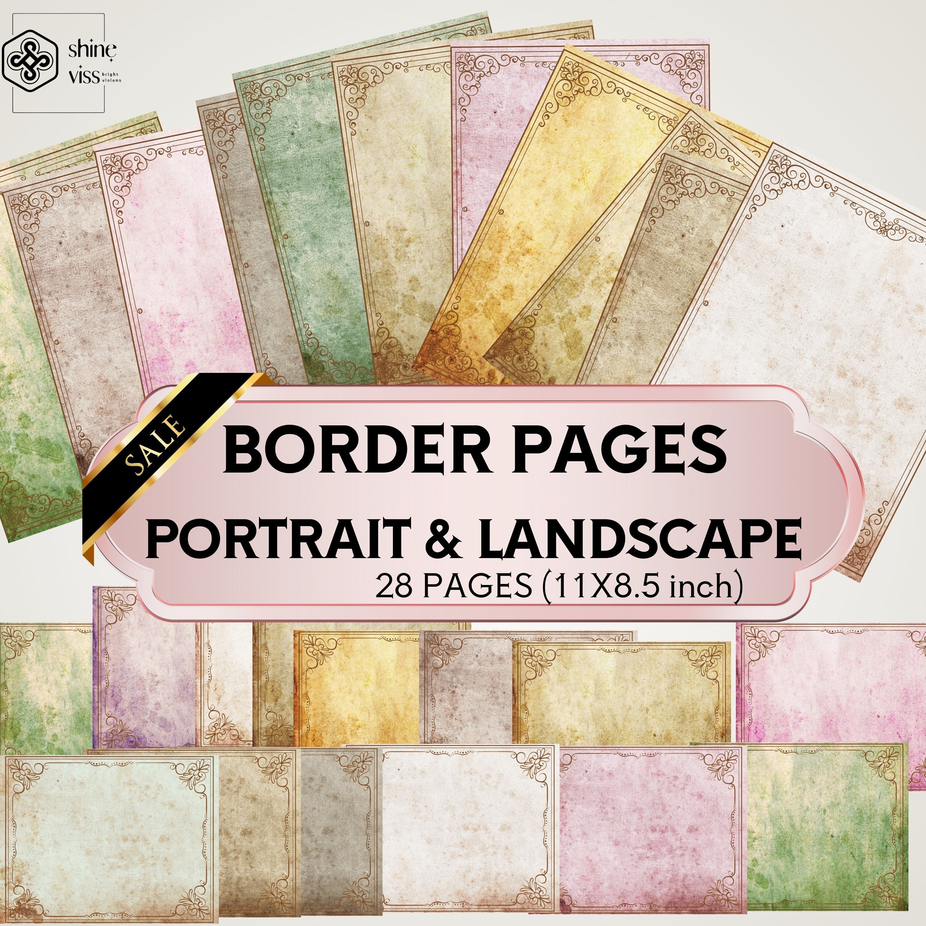 Junk JOURNAL, BORDER Lined Paper, Ruled Landscape, Portrait Plain Gold ...