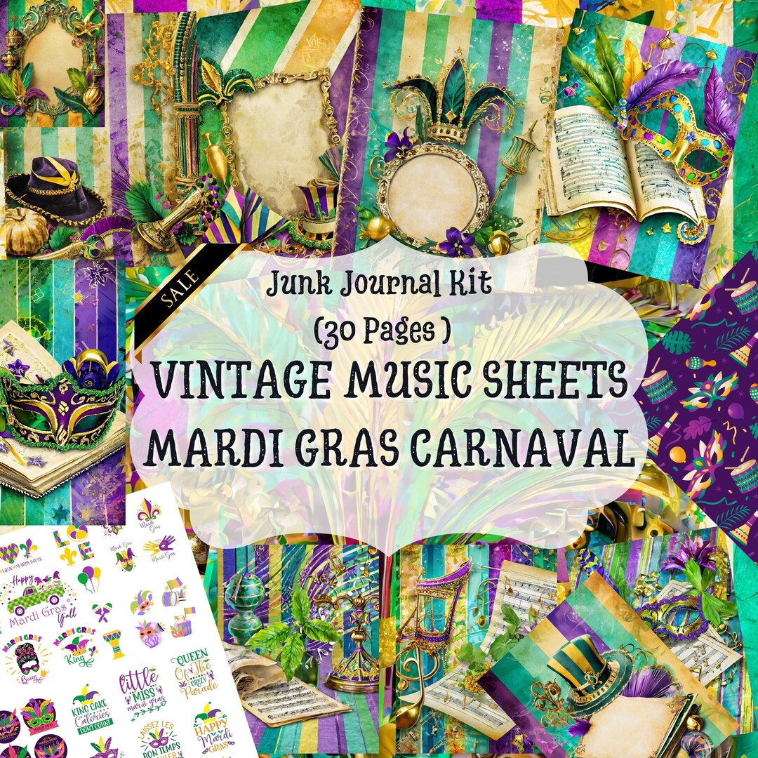 Vintage Music Sheet Mardi Gras Carnaval Digital Junk Journal Kit ...