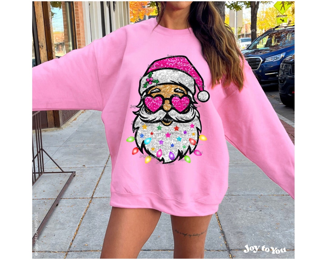 Santa PNG Pink Santa With Heart Sunglasses Christmas Png Glitter Sequin ...