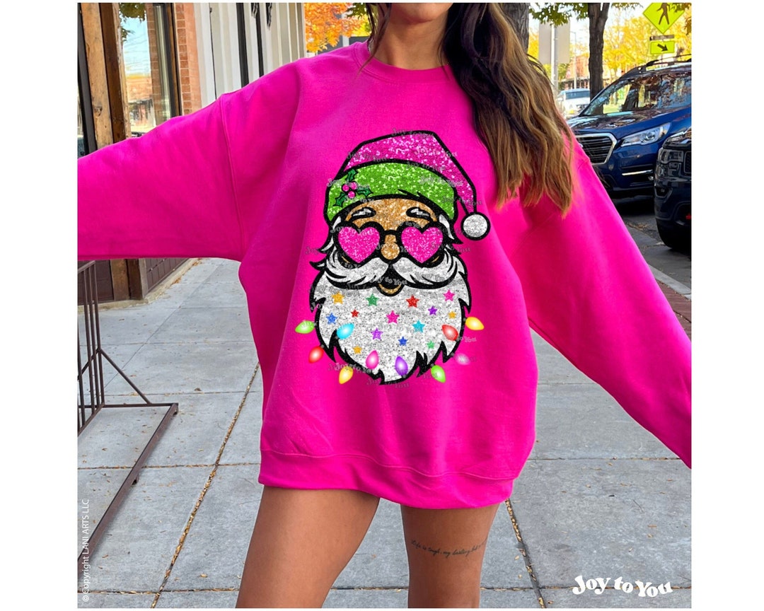 Santa PNG Pink Santa With Heart Sunglasses Christmas Png Glitter Sequin ...