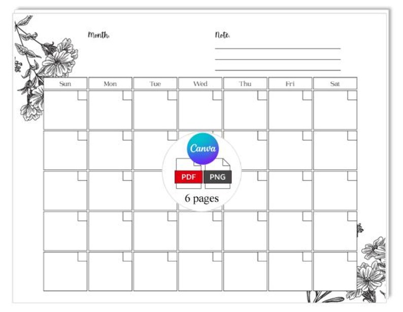 EDITABLE Blank Calendar Template Flower 2025 2026 Printable 11 8.5 in ...