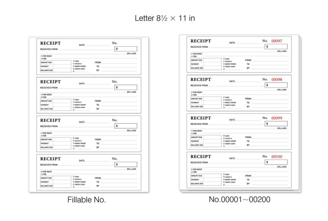 PRINTABLE Large Receipt Template Money and Rent 8.5 11 in Letter - Etsy