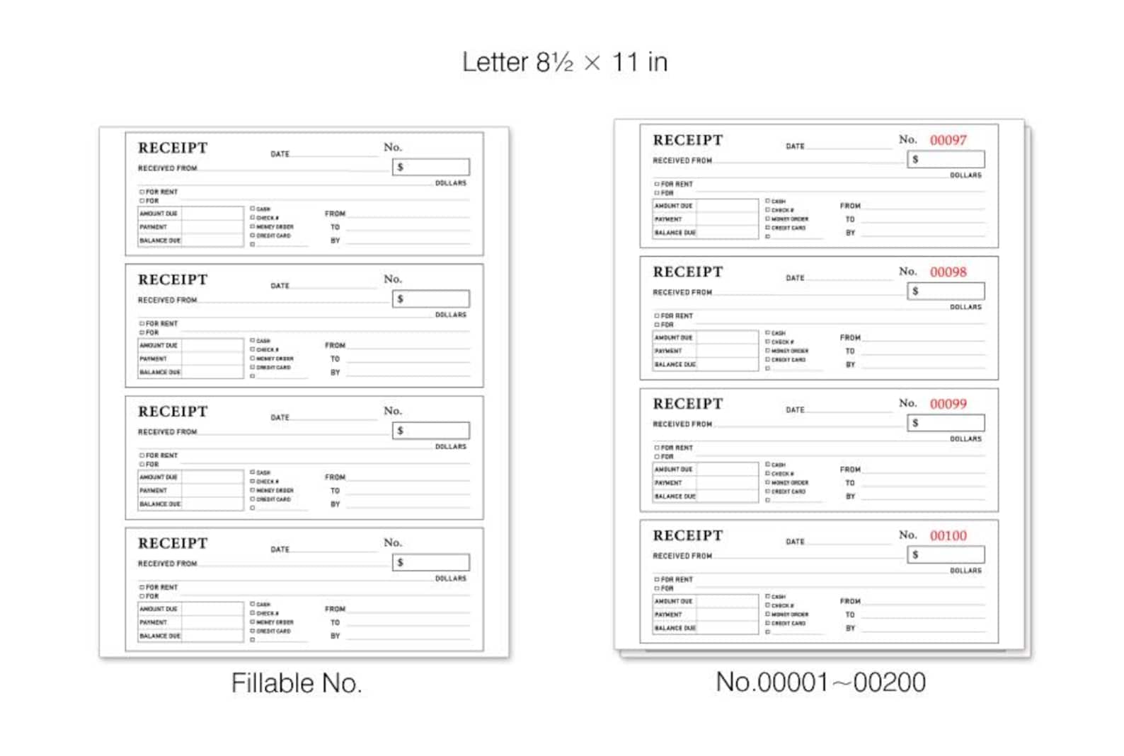 PRINTABLE Large Receipt Template Money and Rent 8.5 11 in Letter - Etsy