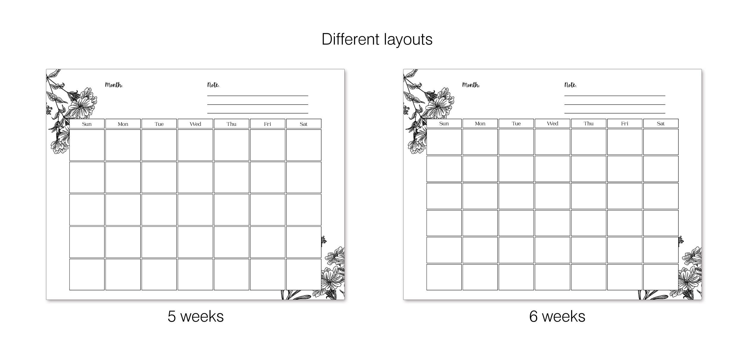 EDITABLE Blank Calendar Template Flower 2025 2026 Printable 11 8.5 in ...