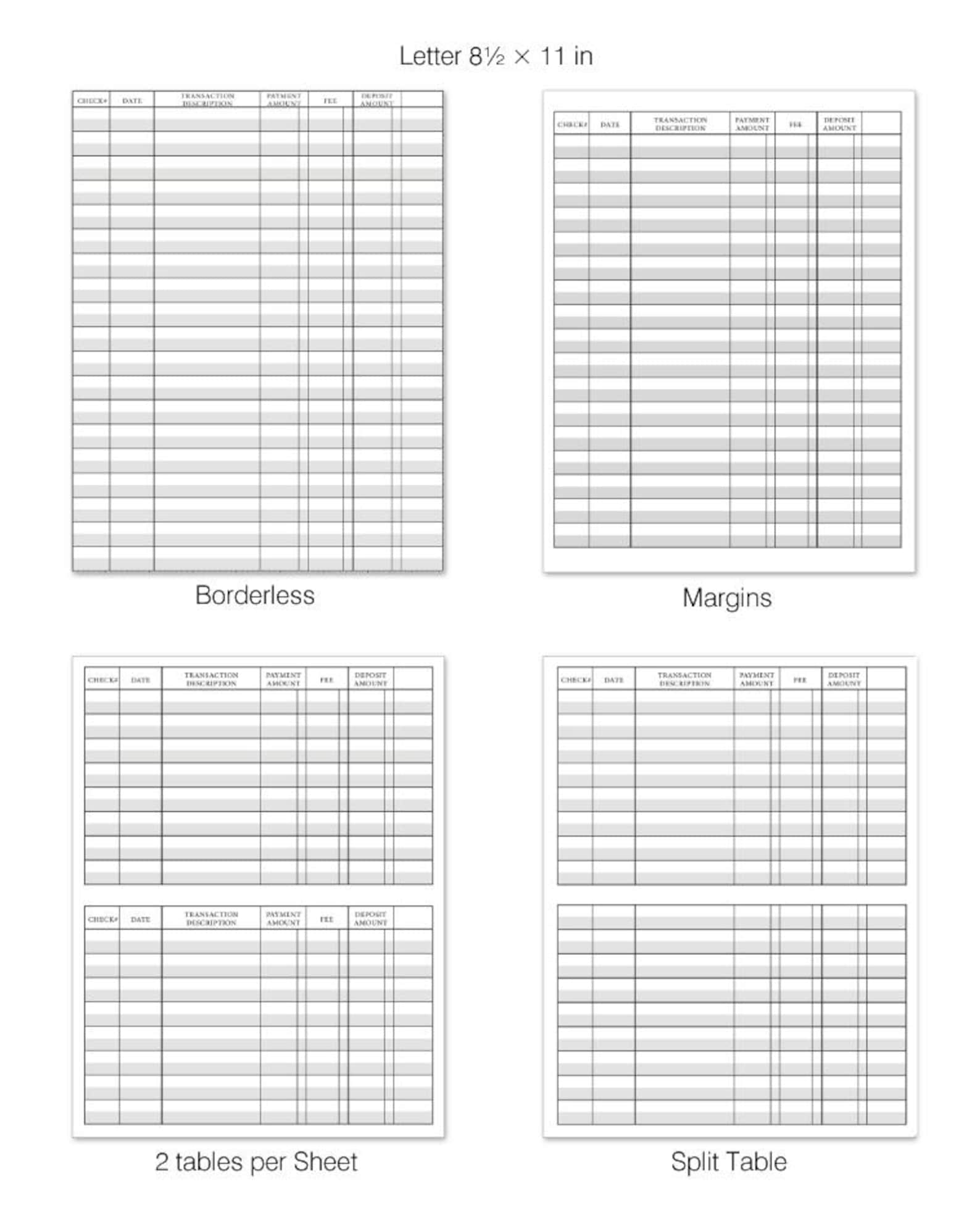 PRINTABLE Large Check Register Template Printable 8.5 11 in Letter - Etsy