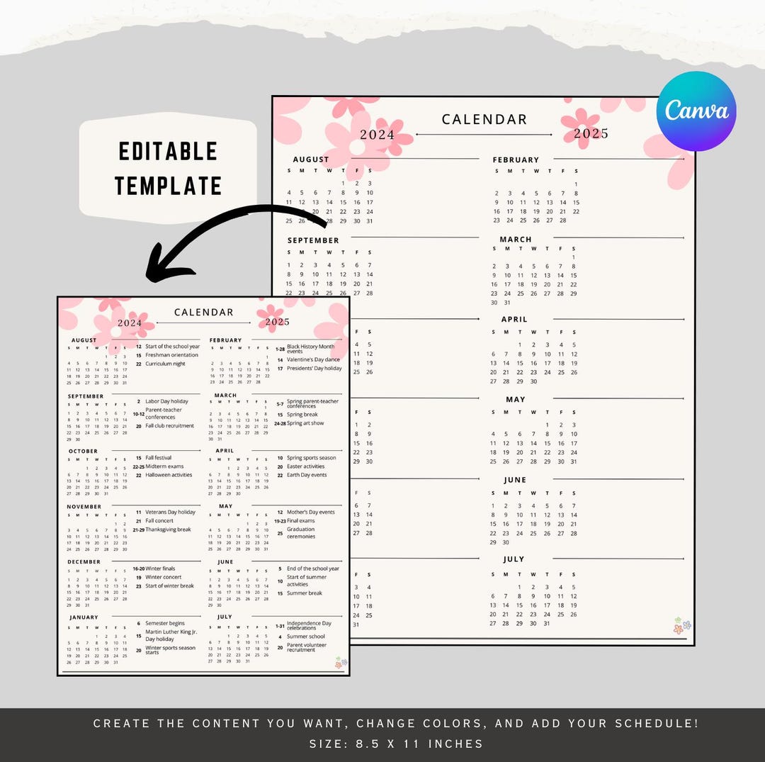 EDITABLE Blank Calendar Template 2024 2025 Flower Design Printable - Etsy