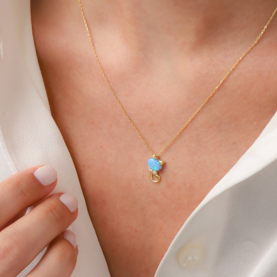 Blue Opal Cat Necklace, Opal Kitty Pendant, Cat Charm Necklace ...