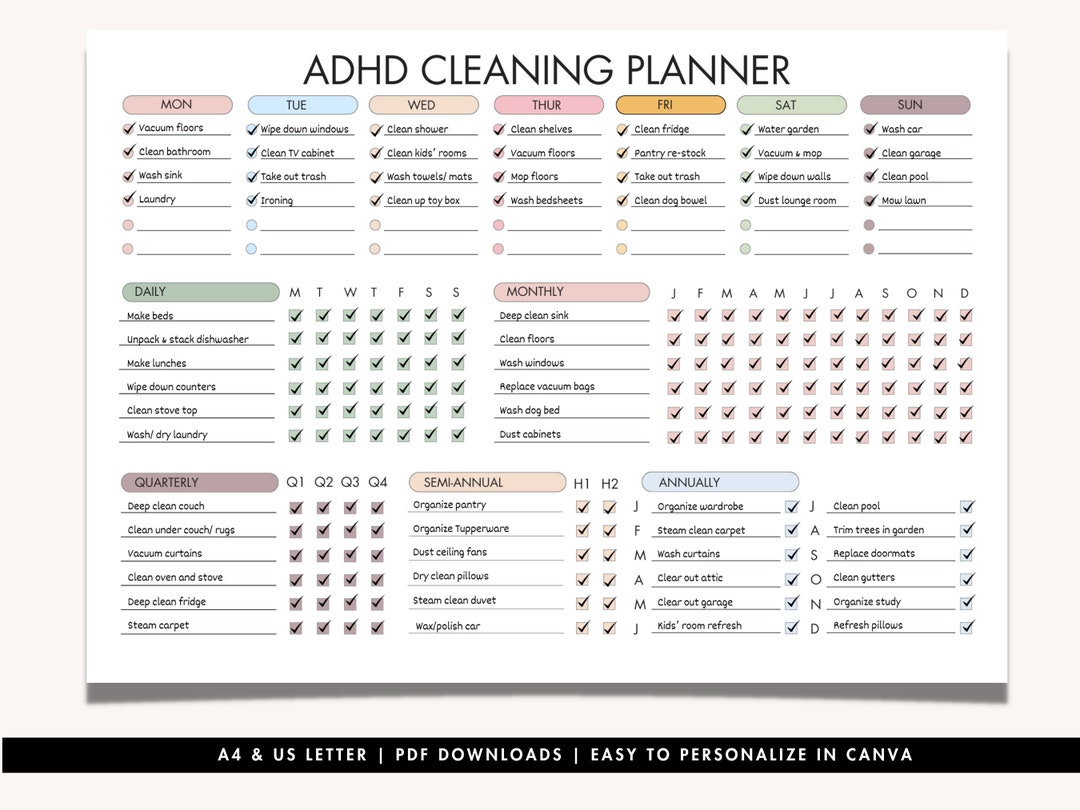 ADHD Cleaning Planner | Chore Chart, Editable Template (PDF) - Etsy