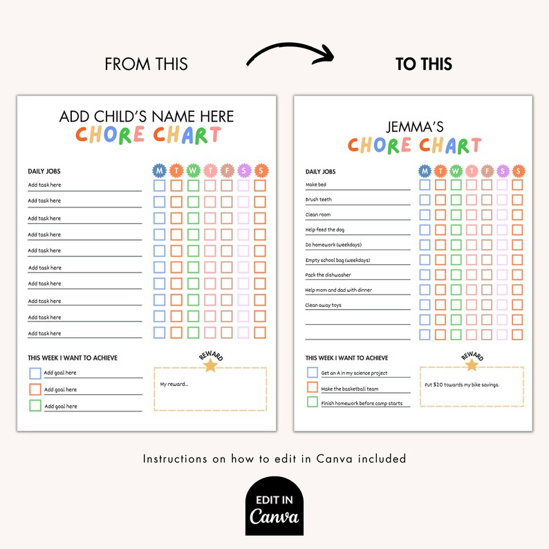 Kids Chore Chart Kids Responsibility Chart Kids Routine Chart Kids ...