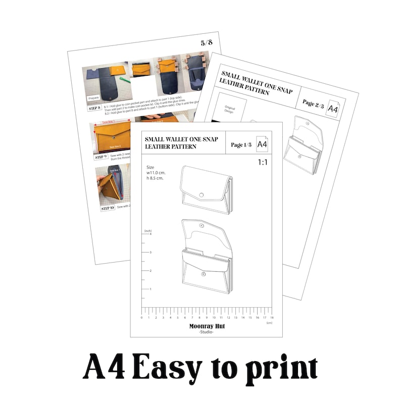 Wallet One Snap Leather Pattern, PDF Printable Pattern Compact Snap ...