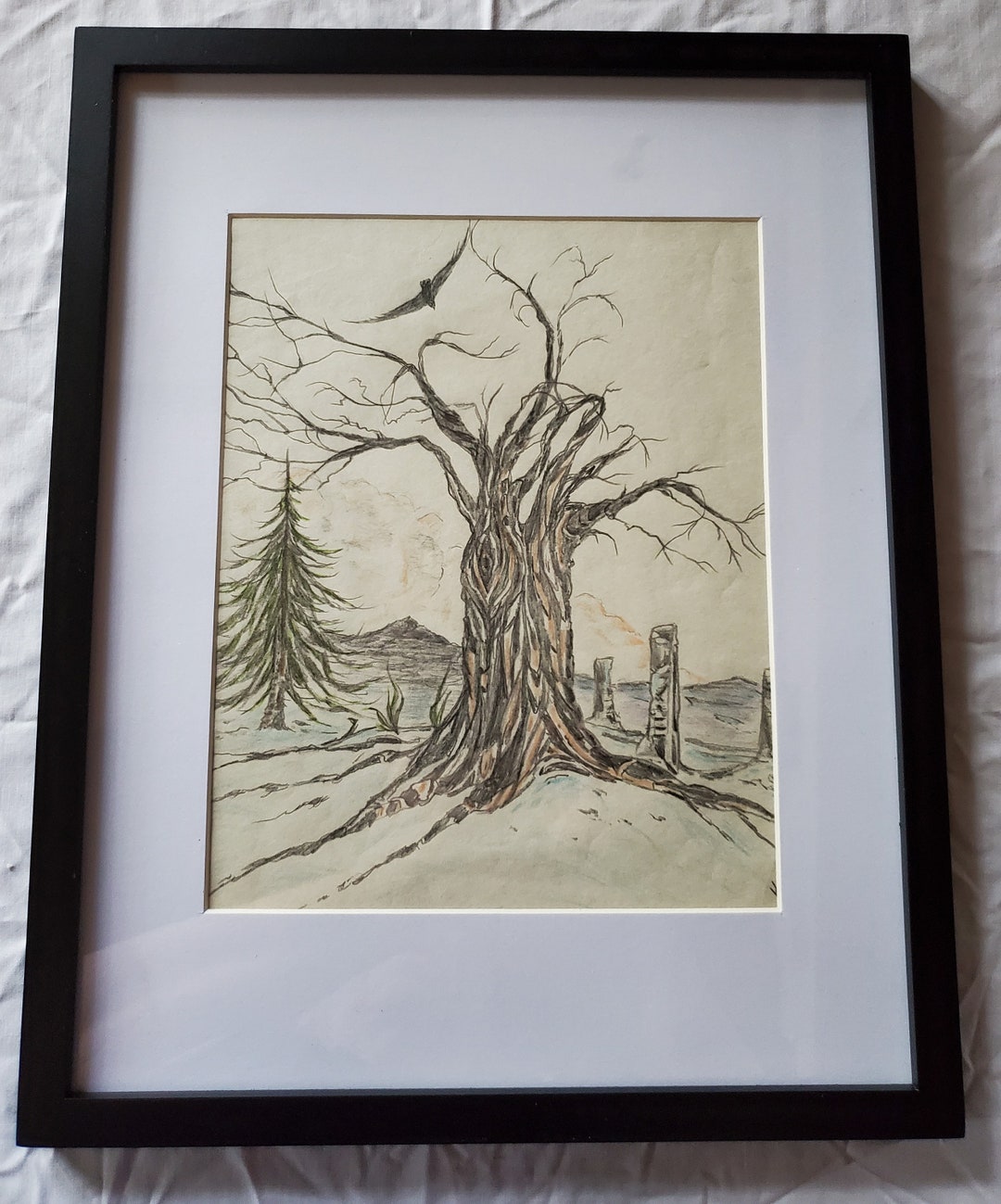 Snowscape, Original Drawing, Tree and Landscape, Pencil, Framed, on ...