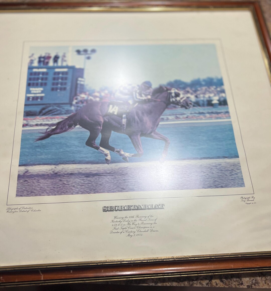 Vintage Framed Tony Leonard Print Sectariat Winning the 99th Kentucky ...