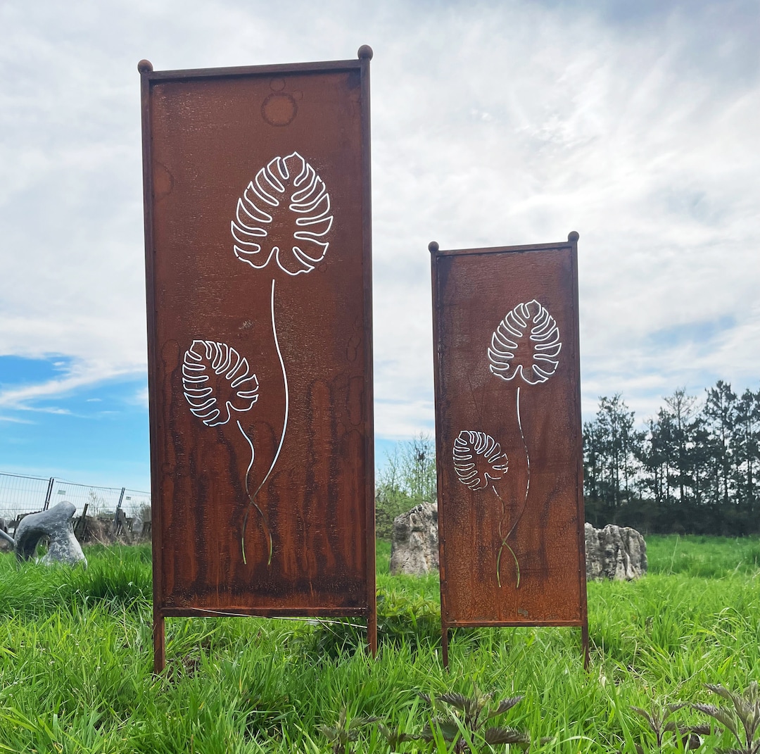 Rusty Metal Privacy Screen With Monstera Leaf Motif, 116 X 33 Cm / 162 ...