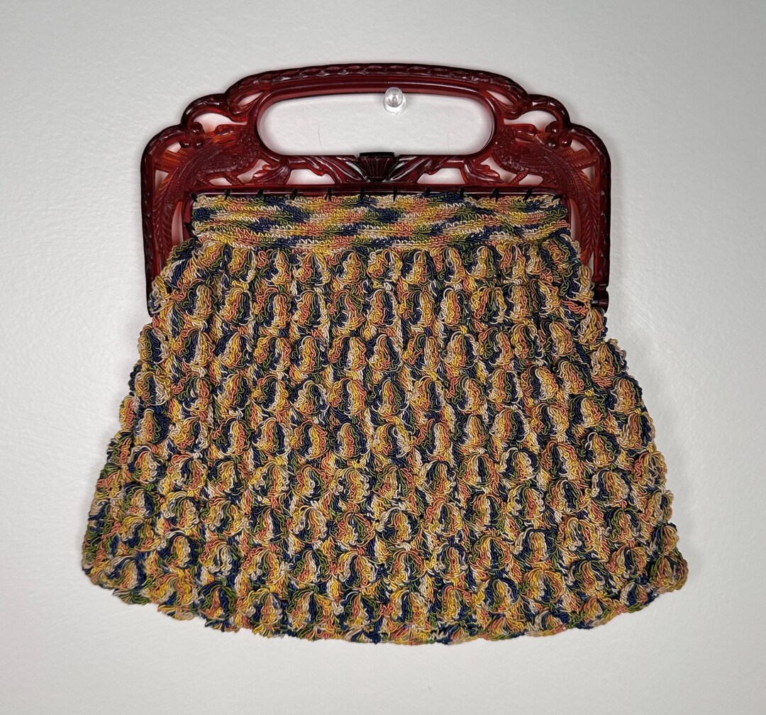Vintage 1930s Art Deco Popcorn Gimp Crochet Tooled Peacocks Maroon ...
