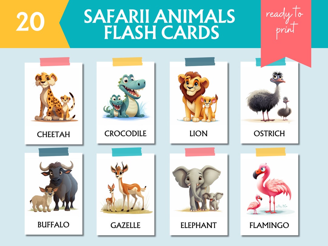 20 Safari Animals Flash Cards, Montessori Materials, Educational ...