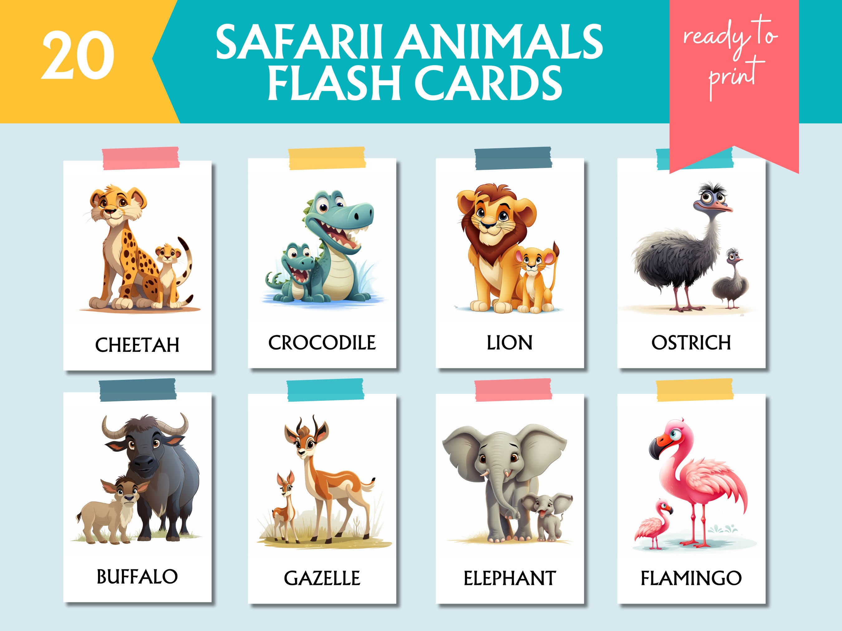 20 Safari Animals Flash Cards, Montessori Materials, Educational ...
