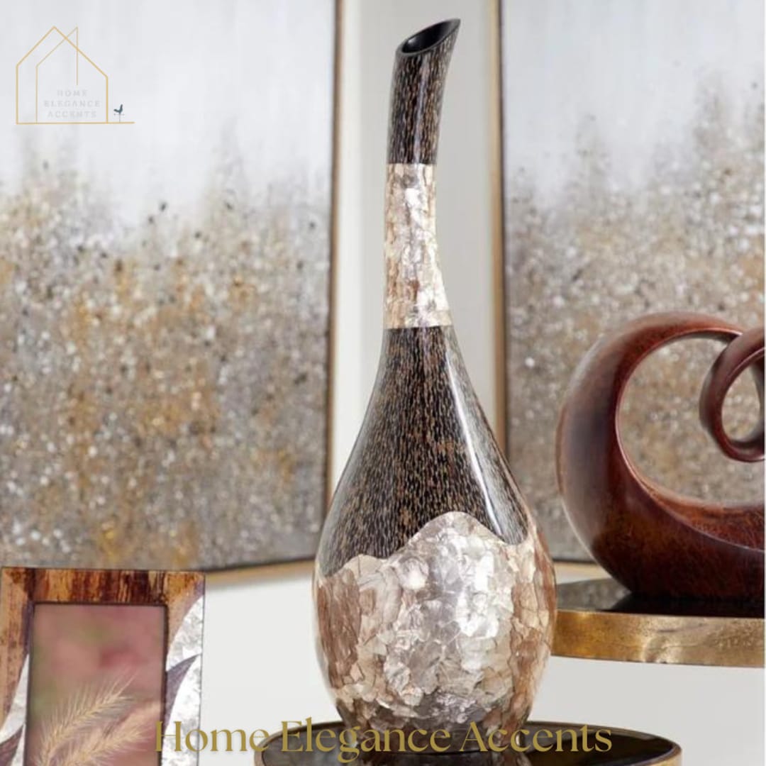 Large Gold Capiz Shell & Vervain Inlay Resin Bud Vase Rustic Elegance ...